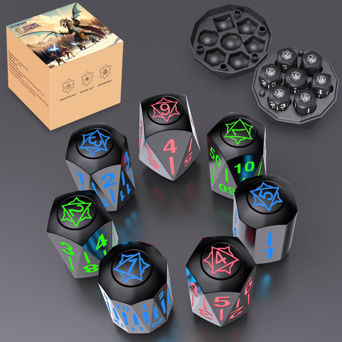 D&D Dice 7 Pcs Light Up Dice With Charging Box for Dungeons And Dragons ...